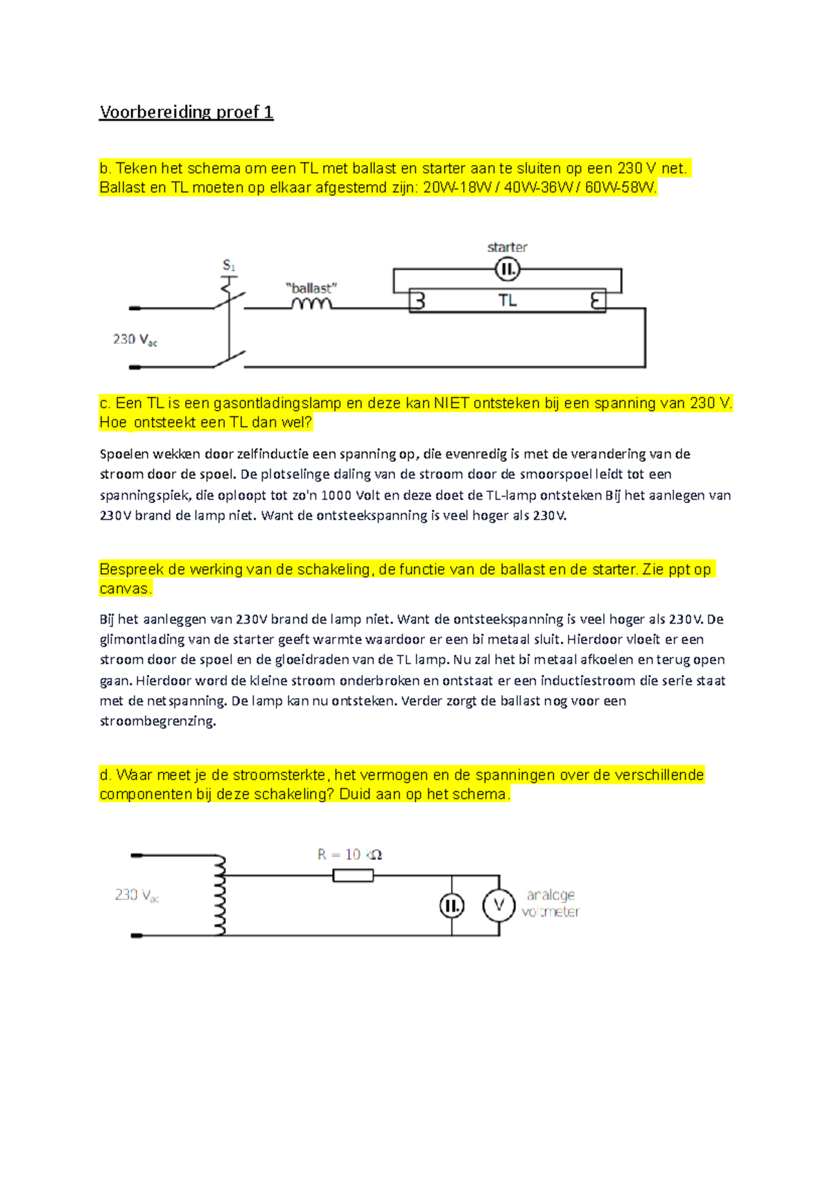 Voorbereiding proef 1 - Teken het schema om een TL met ballast en ...
