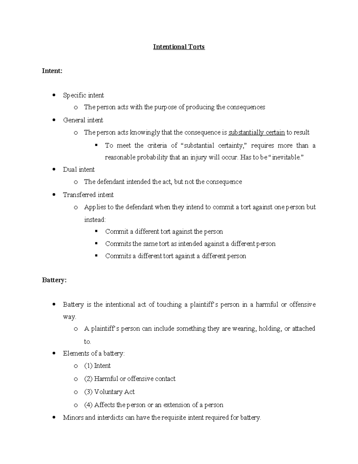 Torts Outline - Tort Ouline - Intentional Torts Intent: Specific intent ...
