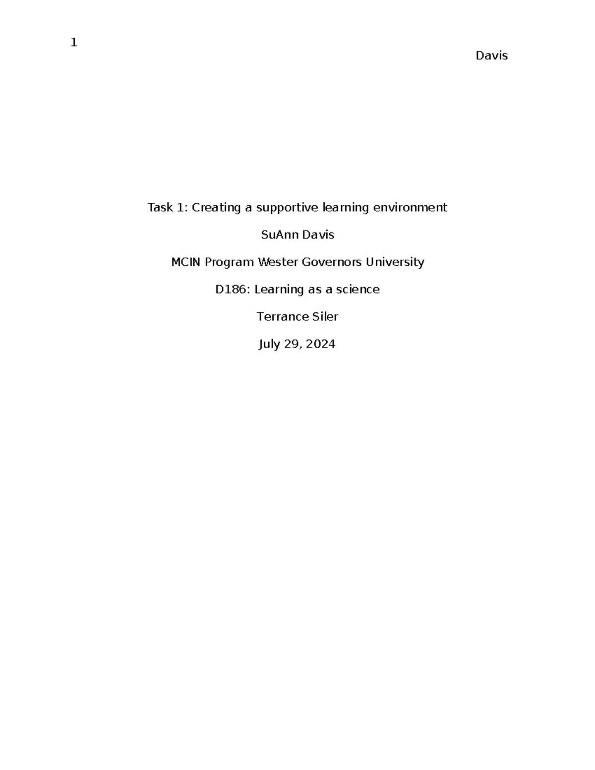 OMM1 TASK 1 Creating A Supportive Learning Environment - Davis Task 1 ...