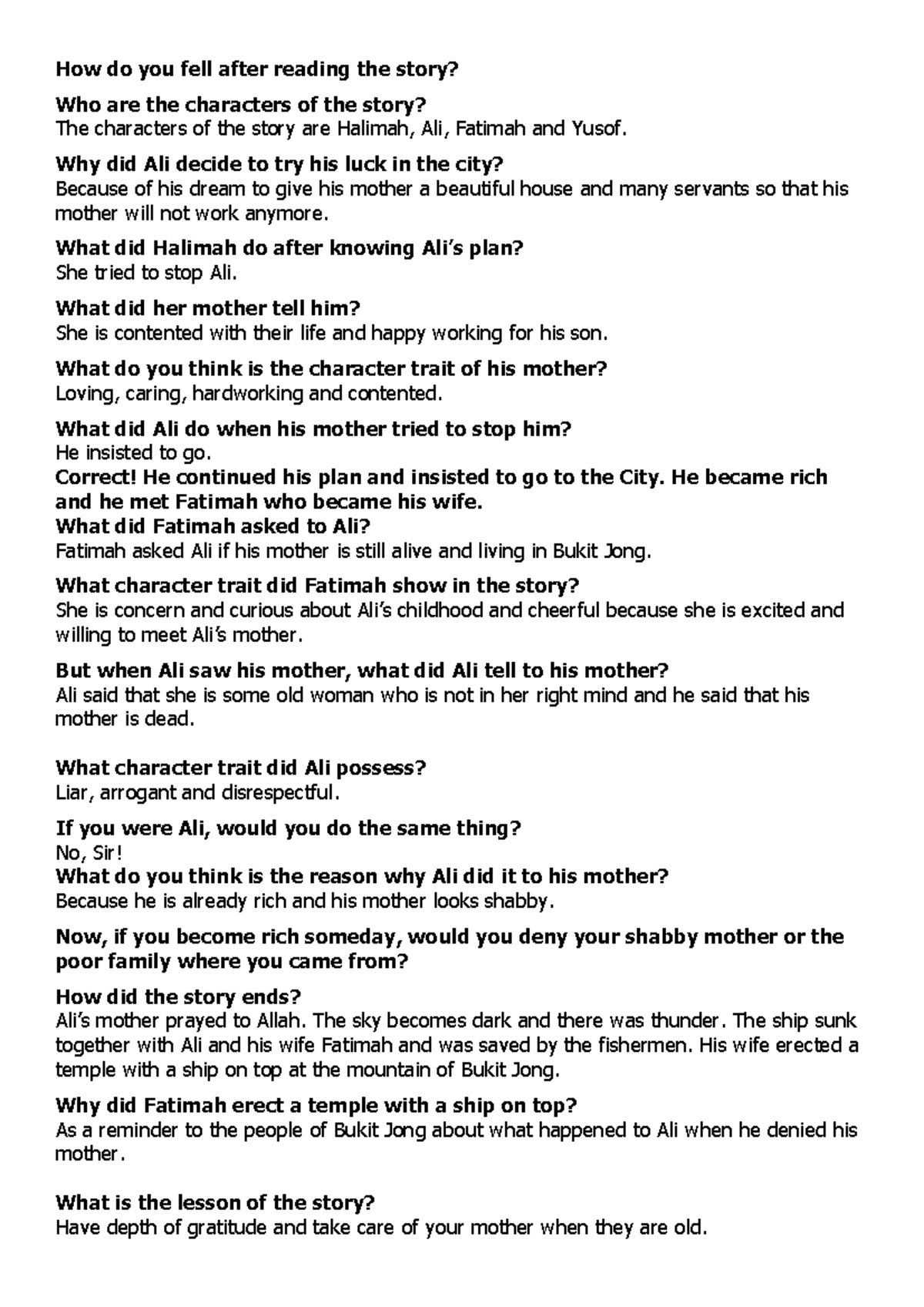 Q and A - English - How do you fell after reading the story? Who are ...