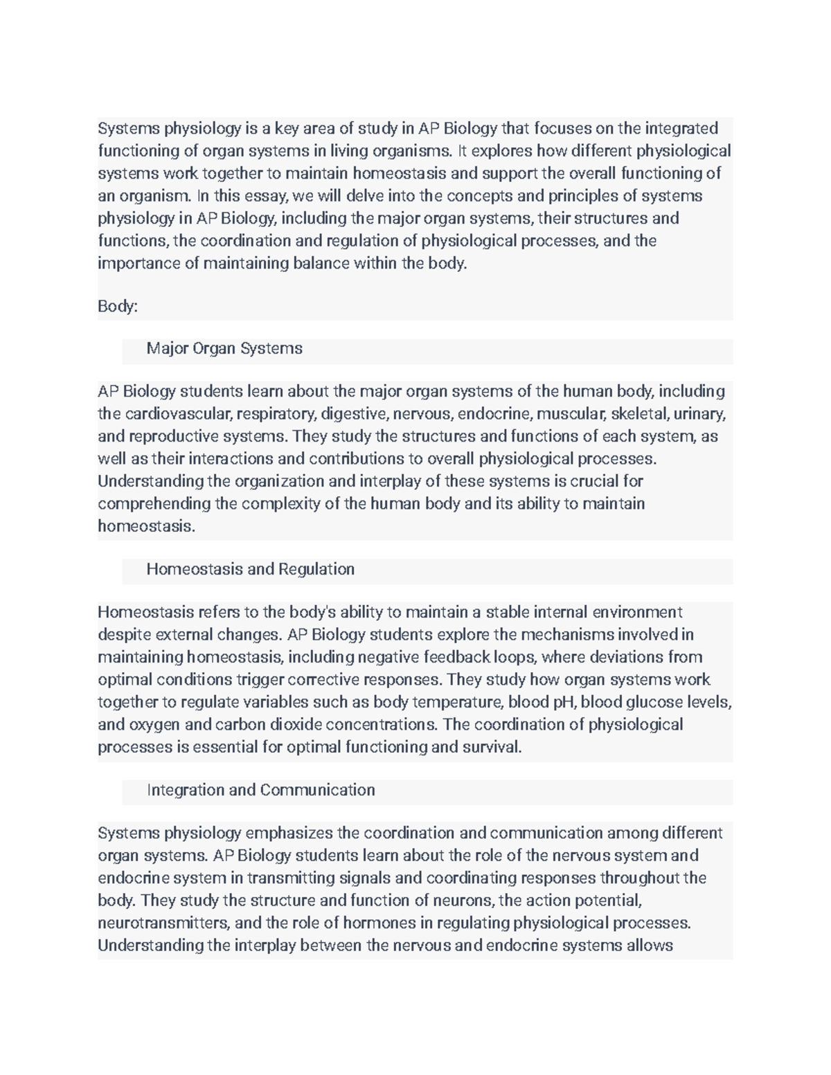 Understanding the Integration of Organ Systems - Systems physiology is ...