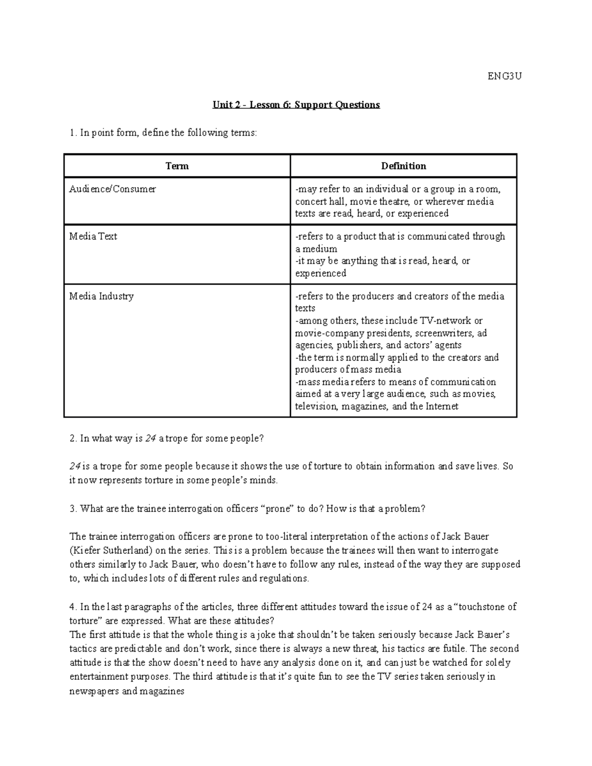 Lesson 6 - ENG3U - ENG3U Unit 2 - Lesson 6: Support Questions In point ...