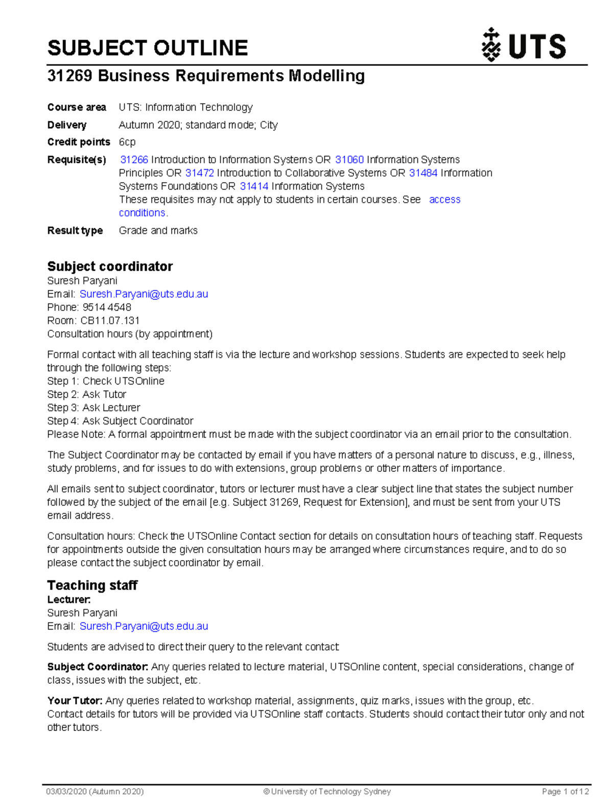 31269 BRM Autumn 2020 Subject Outline - SUBJECT OUTLINE 31269 Business Requirements Modelling ...