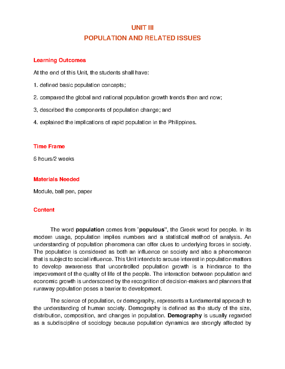 Module EPSI-U3-SCR - UNIT III POPULATION AND RELATED ISSUES Learning ...