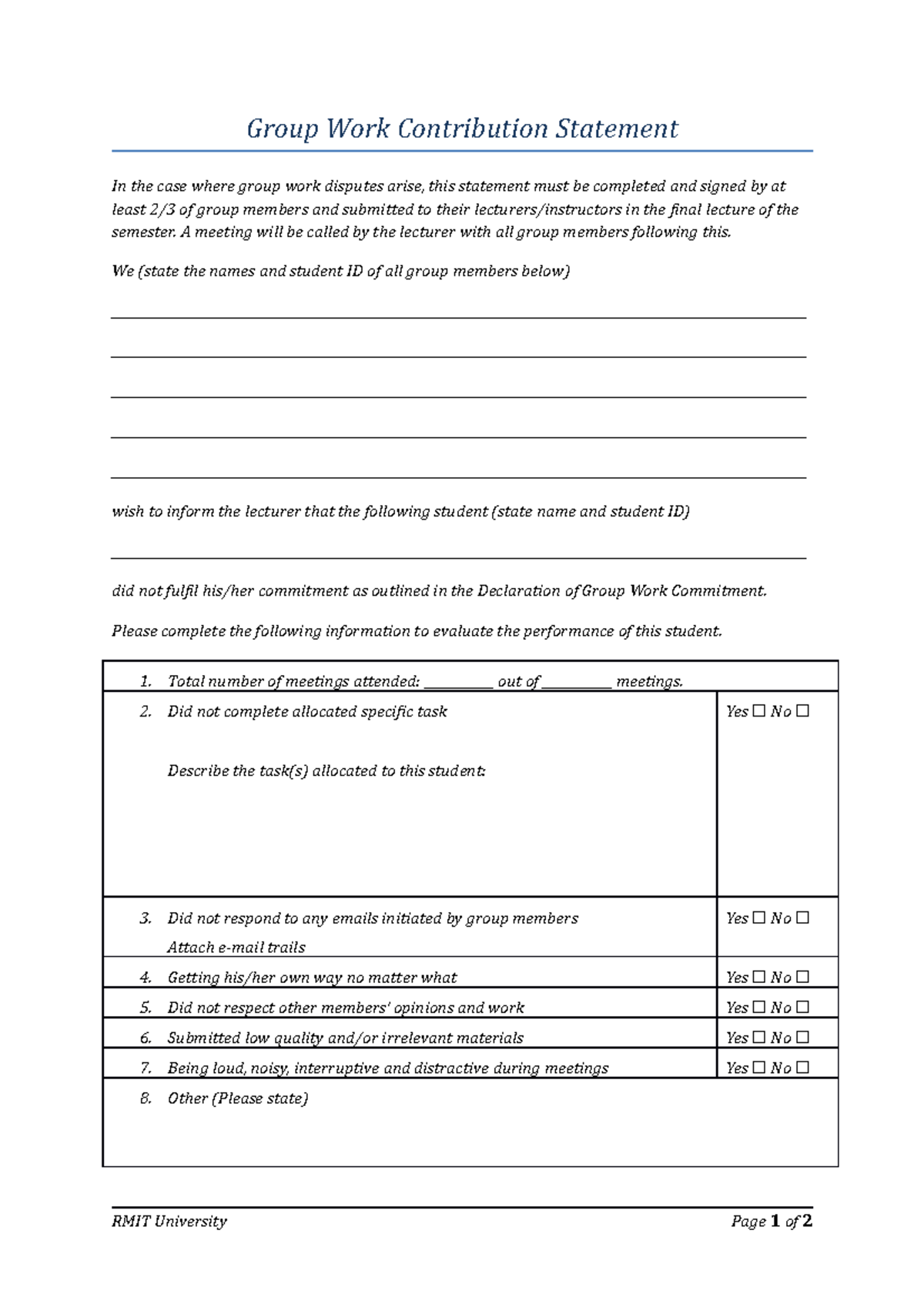 Group Work Contribution Statement 2020 - Group Work Contribution ...