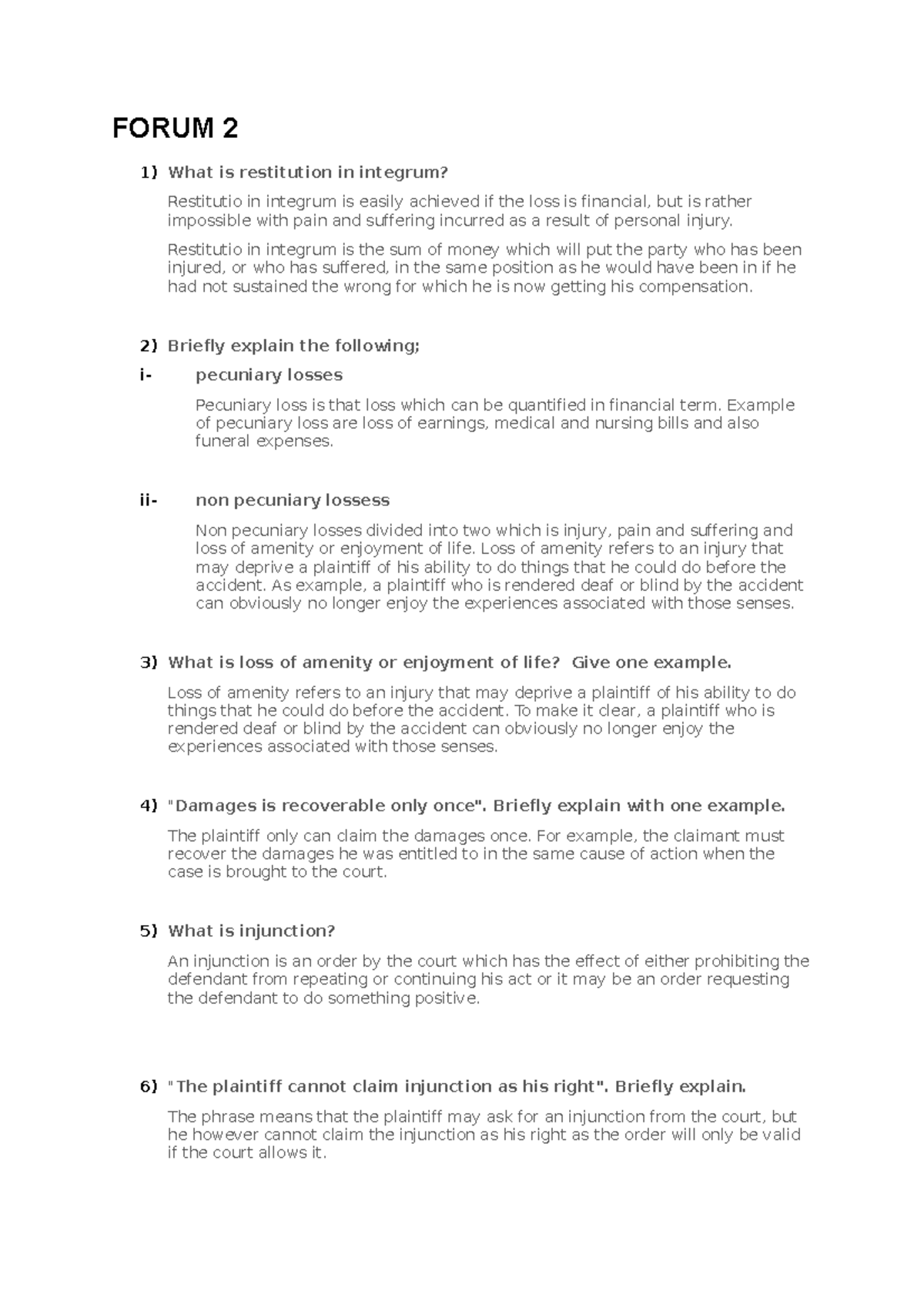 Forum 2 LAW OF Torts - FORUM 2 What is restitution in integrum ...