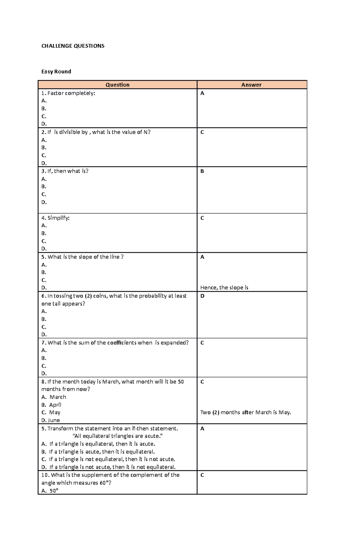 Practice Questions For Grade 8 CHALLENGE QUESTIONS Easy Round