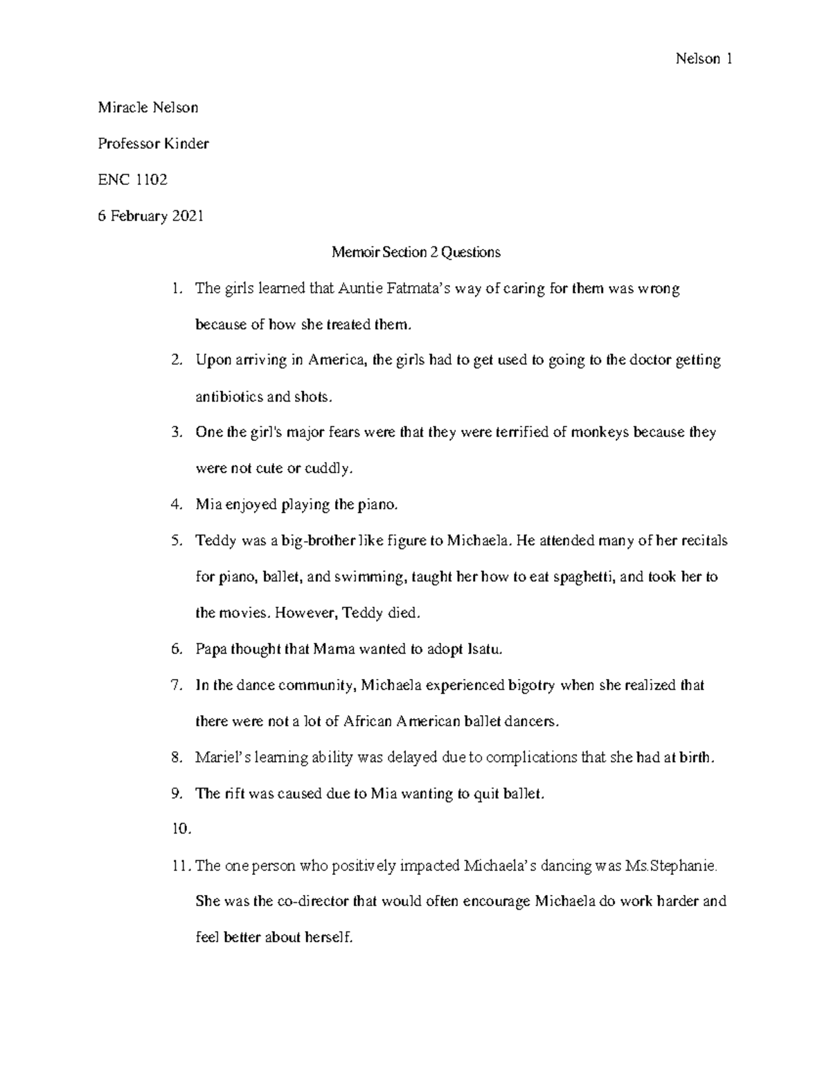 Memoir Section 2 Questions - Nelson 1 Miracle Nelson Professor Kinder ...