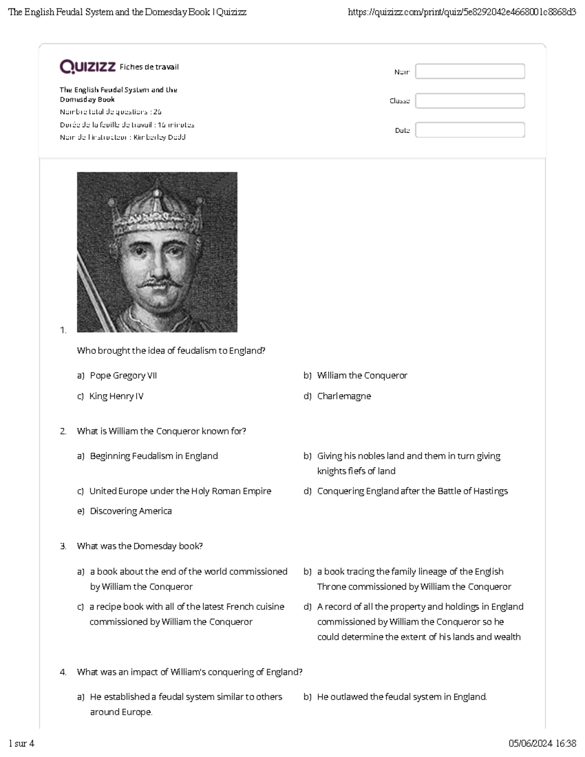 The English Feudal System and the Domesday Book Quizizz - Fiches de ...