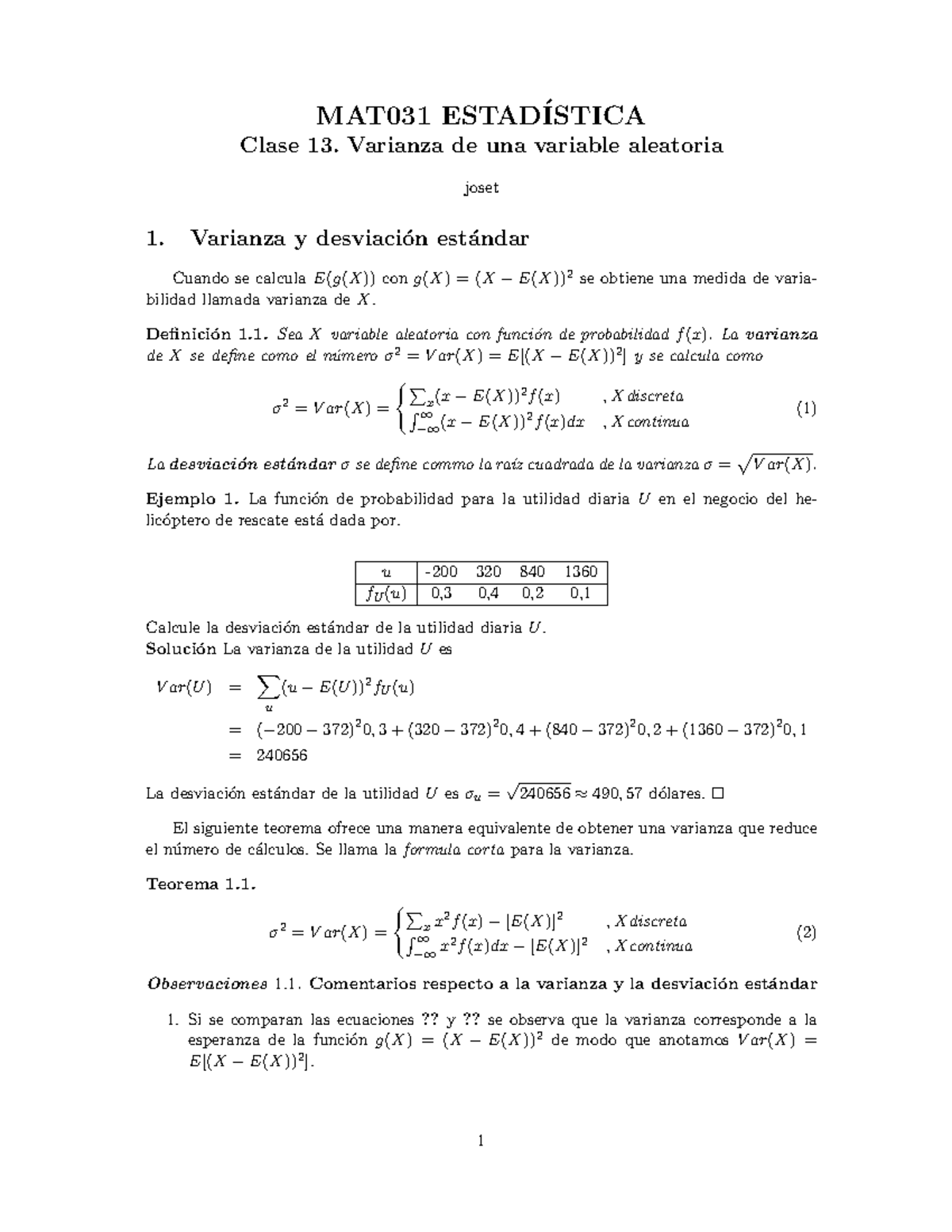 Clase 13 Varianza - MAT031 ESTAD ́ISTICA Clase 13. Varianza de una variable aleatoria joset 1 ...