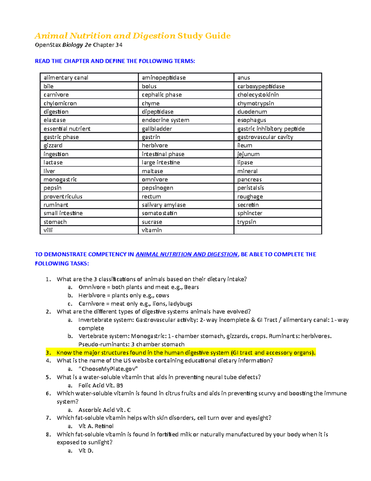 Ch 34 Animal Nutrition and Digestion Study Guide - Animal Nutrition and ...