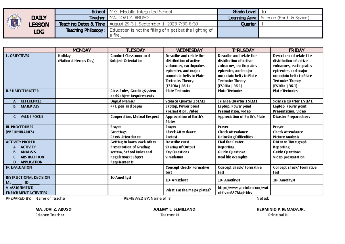 DLL WEEK 1 Science 10 (Auto Recovered) - DAILY LESSON LOG School M ...