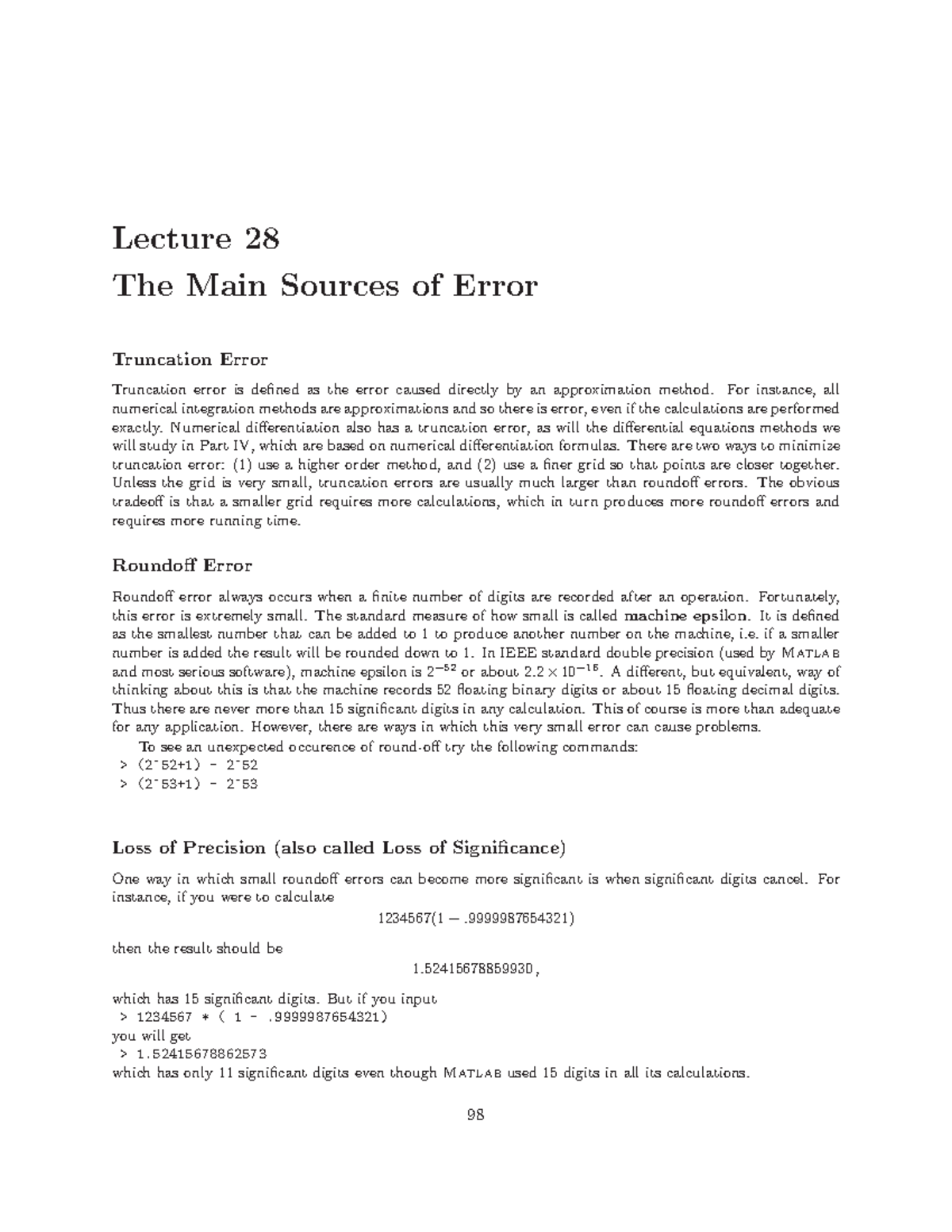Lecture 28 MATH 3600 Spring 2015 - Lecture 28 The Main Sources of Error ...