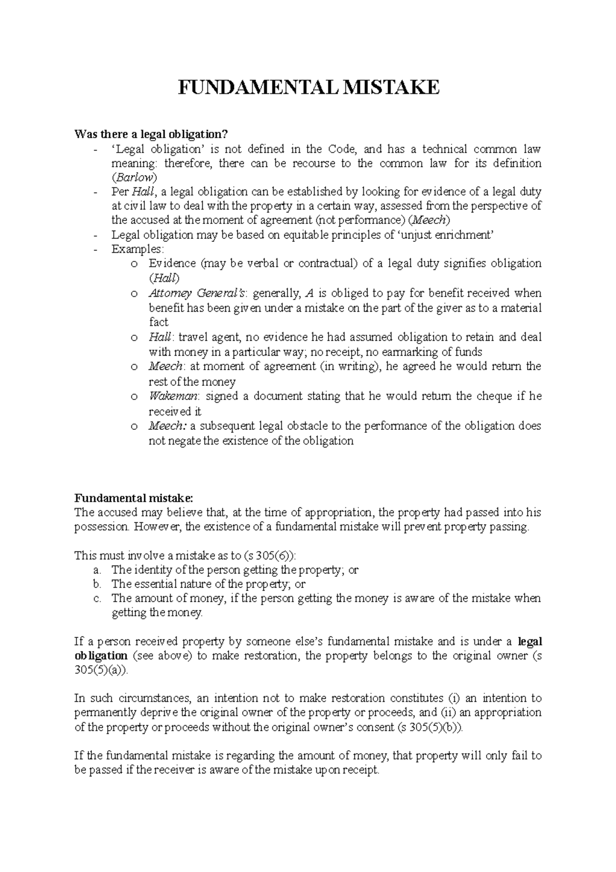 Fundamental mistake - FUNDAMENTAL MISTAKE Was there a legal obligation ...