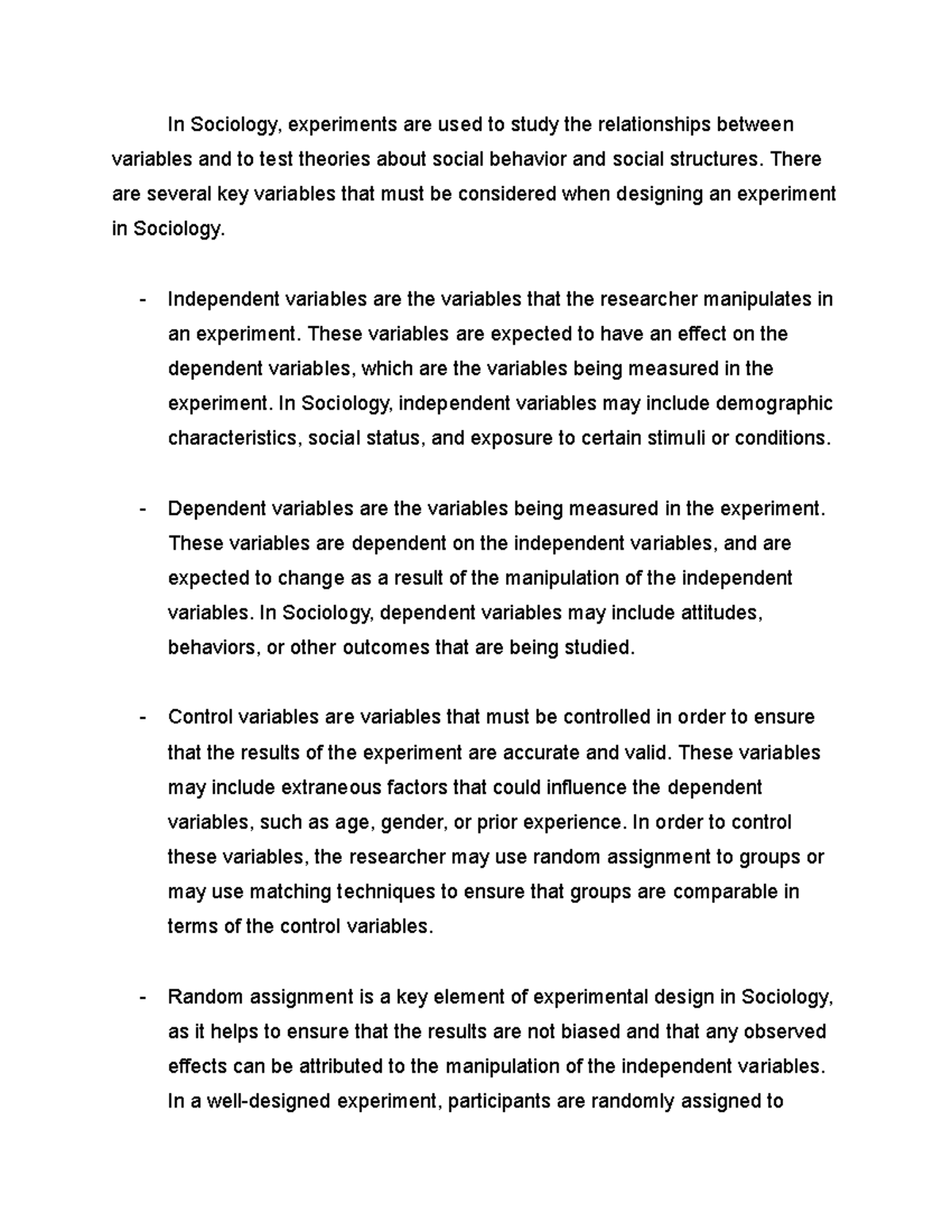Variables of Experiment Notes - In Sociology, experiments are used to ...