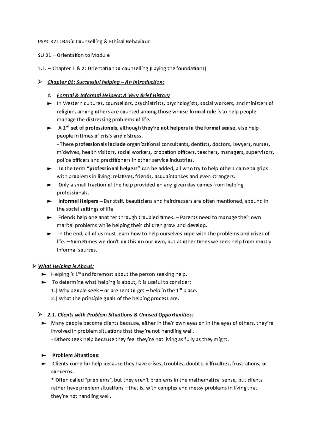 Psyc321 SU1.1 ( chapter 1&2) Orientation to counselling (Laying the ...