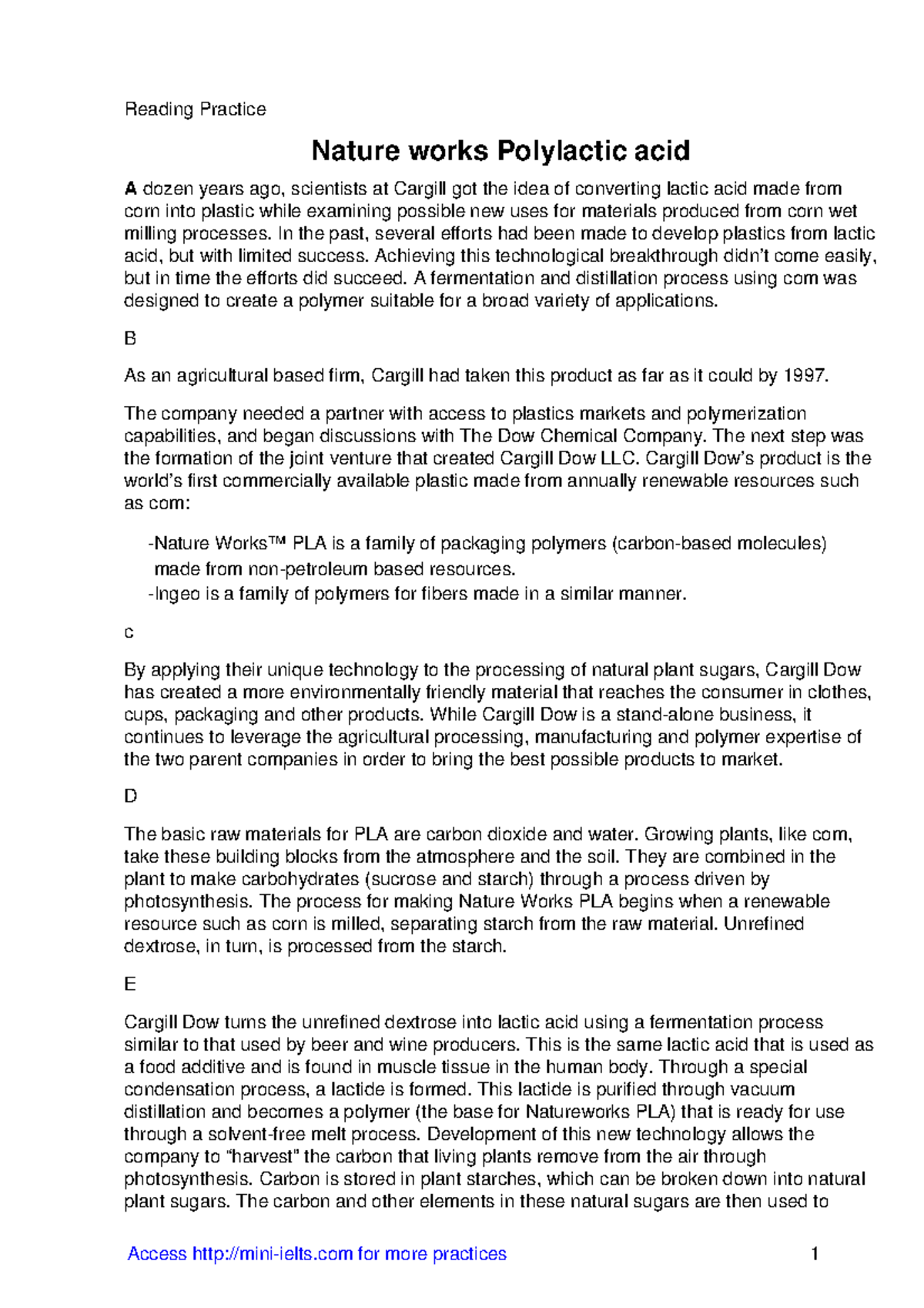 Nature works polylactic acid - Reading Practice Nature works Polylactic acid A dozen years ago ...