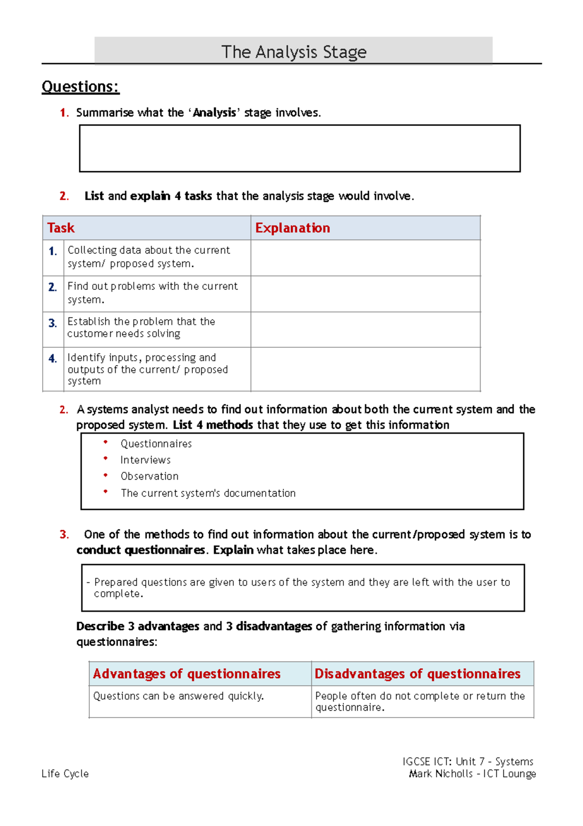 2.analysis stage - ICT - The Analysis Stage Questions: 1. Summarise ...
