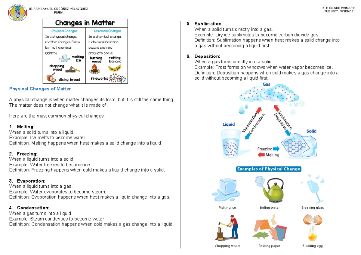 WEEK 2 - Physical Changes OF Matter - 5TH GRADE PRIMARY IE. FAP SAMUEL ...