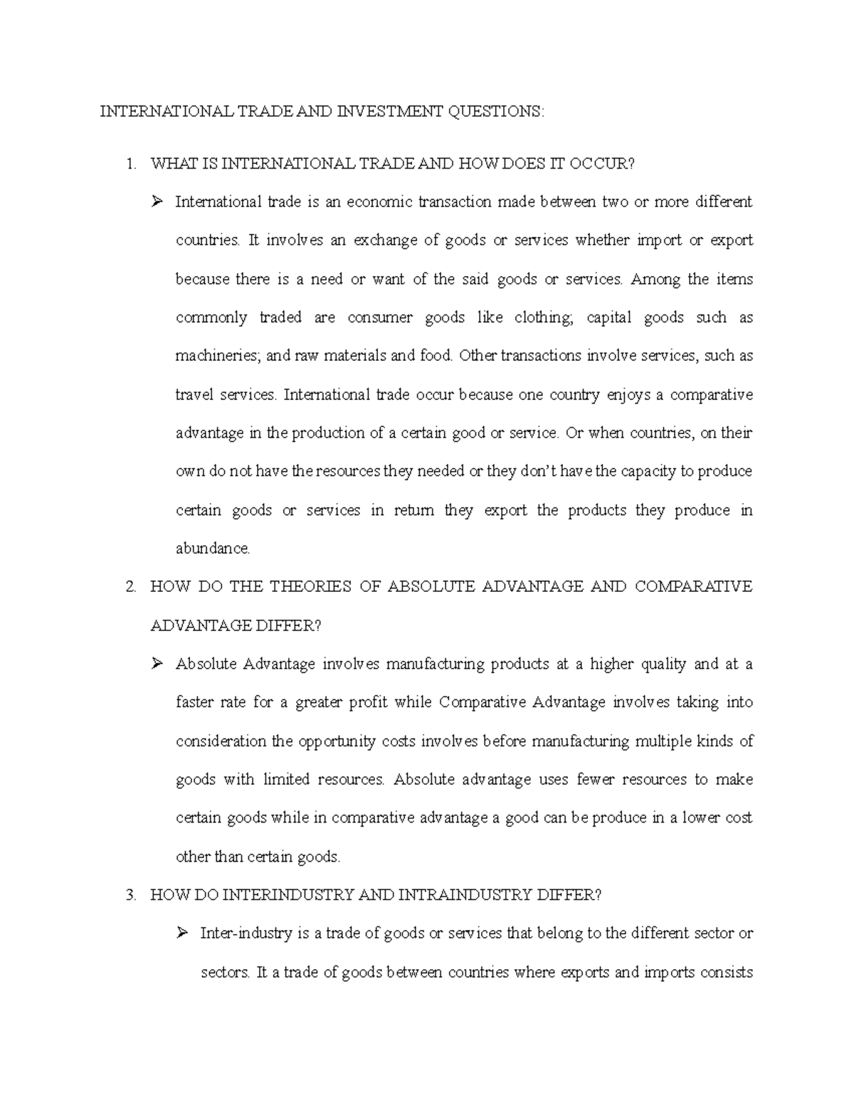 International Trade AND Investment Questions - INTERNATIONAL TRADE AND ...