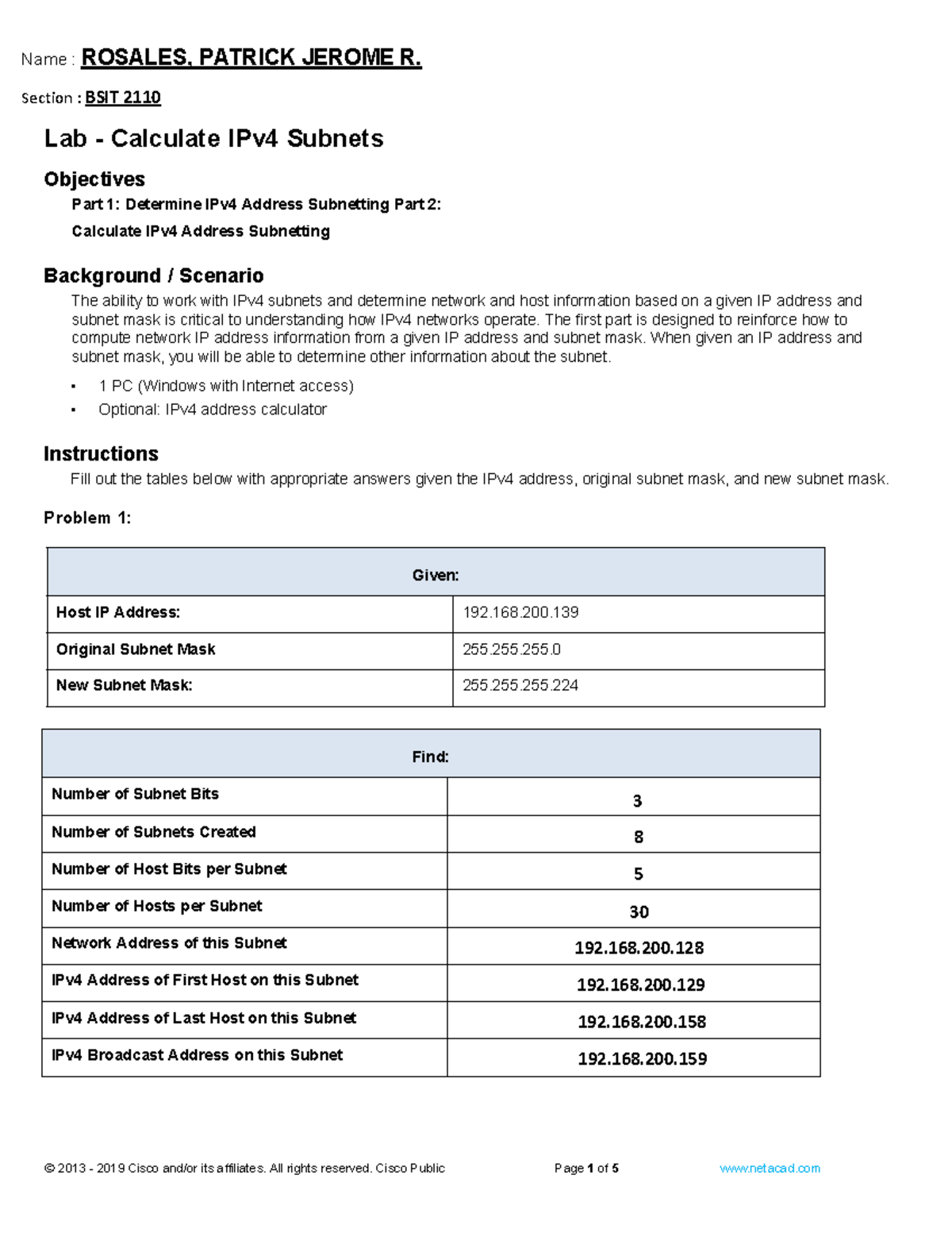 Rosales,Patrick Lab - Calculate IPv4 Subnets - Name : ROSALES, PATRICK JEROME R. Section : BSIT ...