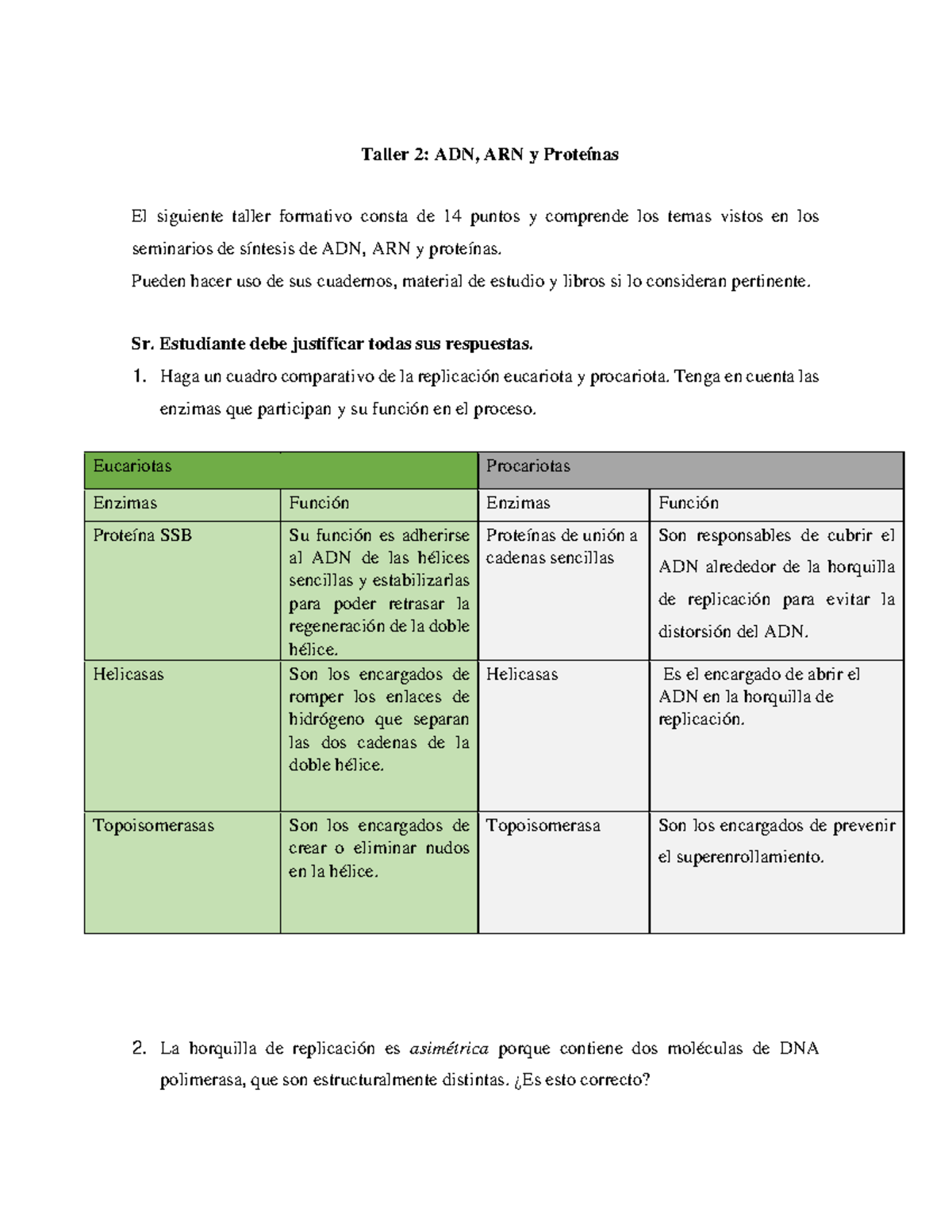 Taller ADN, ARN y Proteínas - Pueden hacer uso de sus cuadernos ...