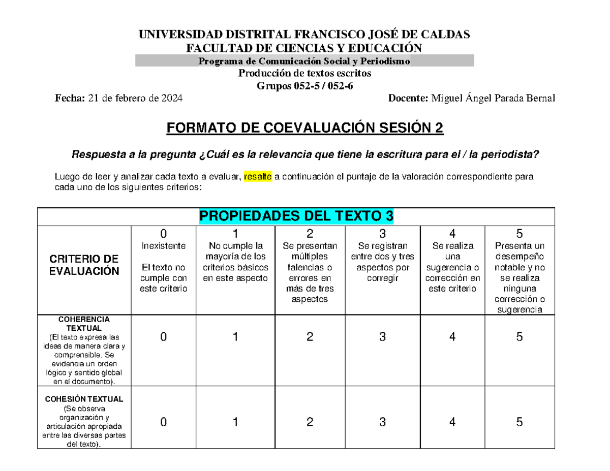 Coevaluación texto 3 - xxccc - Producción de textos escritos Grupos 052 ...