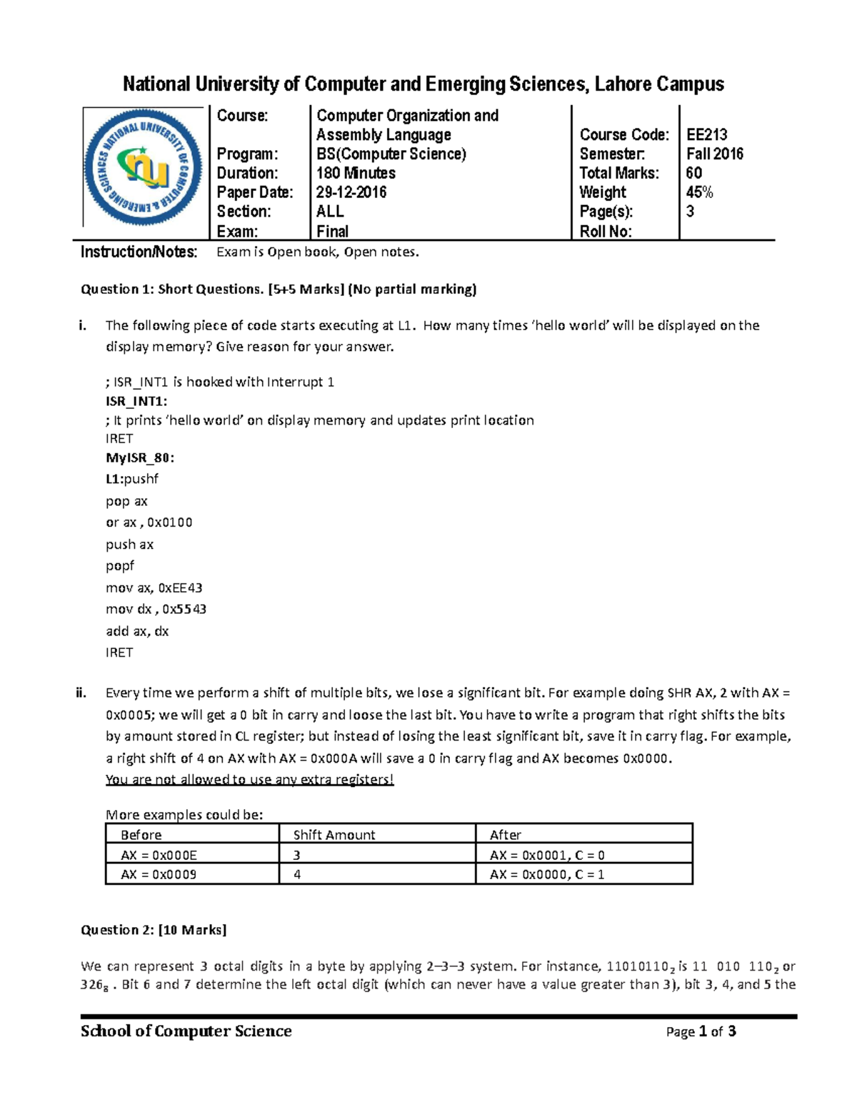 Assembly final - Practice - National University of Computer and ...