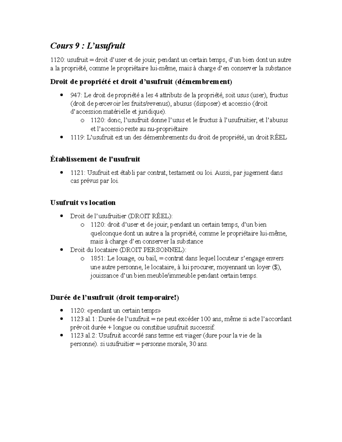 Cours 9 - Usufruit - Cours 9 : L’usufruit 1120: usufruit = droit d’user ...
