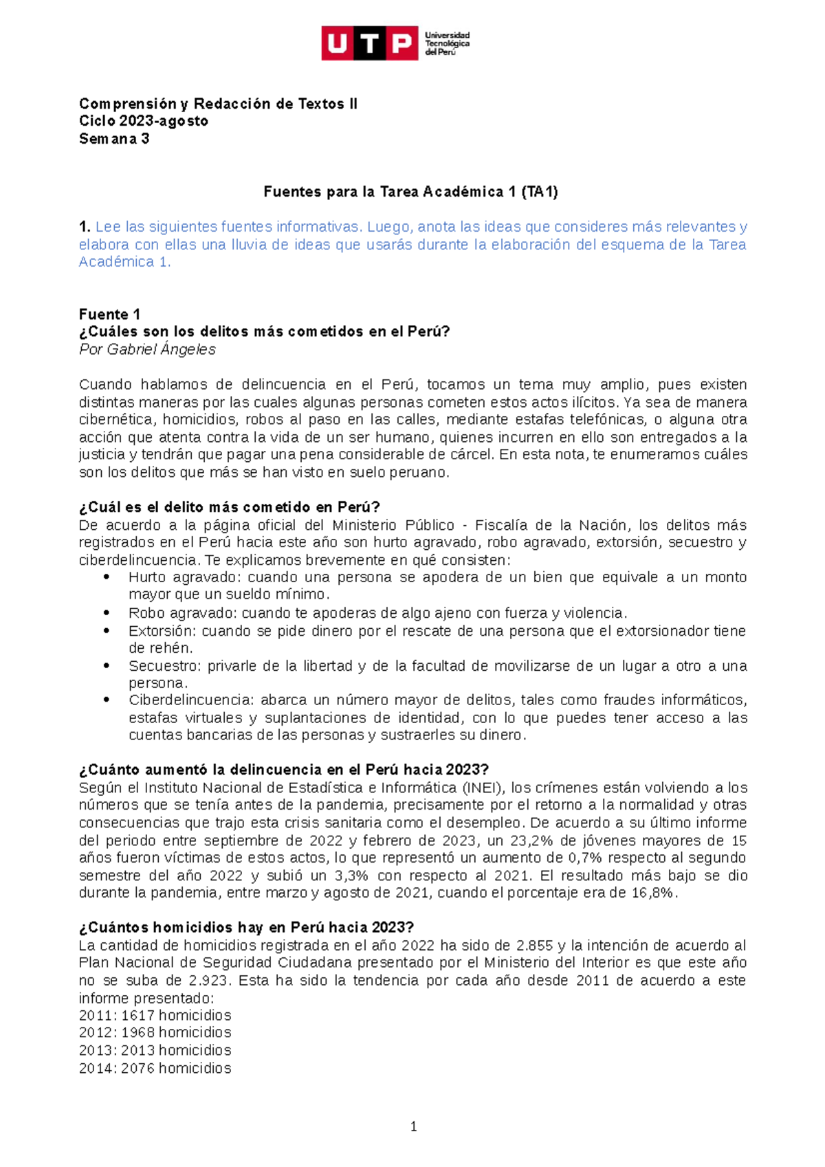 Tarea Academica 1 Borrador - Comprensión y Redacción de Textos II Ciclo 2023-agosto Semana 3 ...