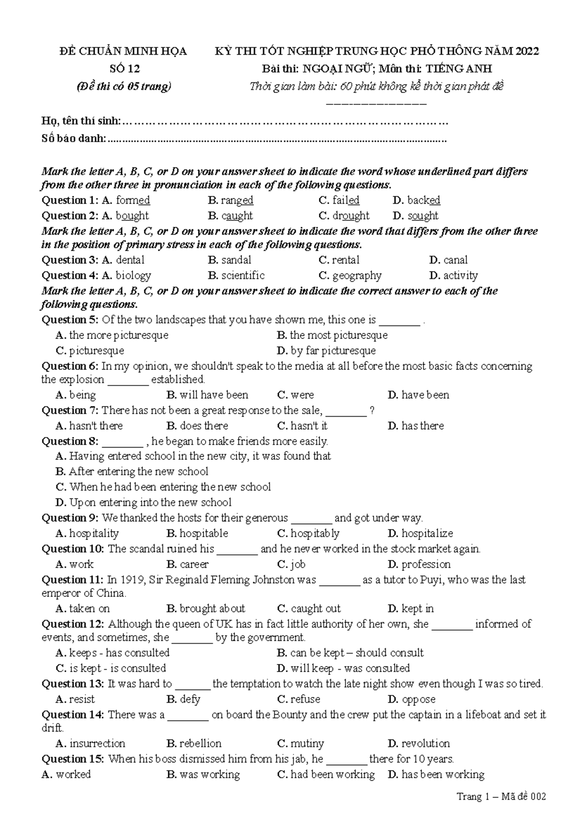 ĐỀ SỐ 12 CÓ GIẢI CHI TIẾT - ĐỀ CHUẨN MINH HỌA SỐ 12 (Đề thi có 05 trang ...