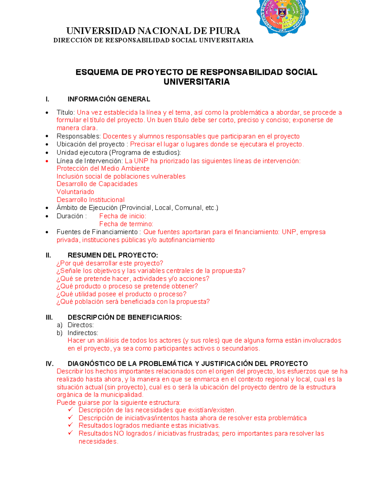 Esquema del Proyecto - ESQUEMA DE PROYECTO DE RESPONSABILIDAD SOCIAL UNIVERSITARIA I ...