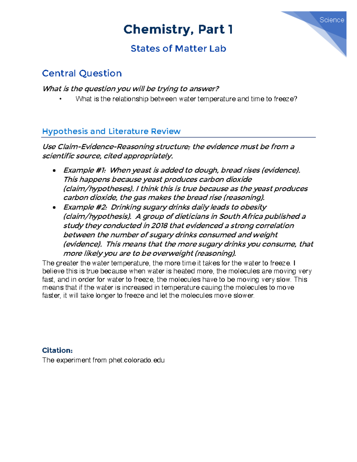 Chemistry Part 1 States Of Matter Lab Fillable - Chemistry, Part 1 ...