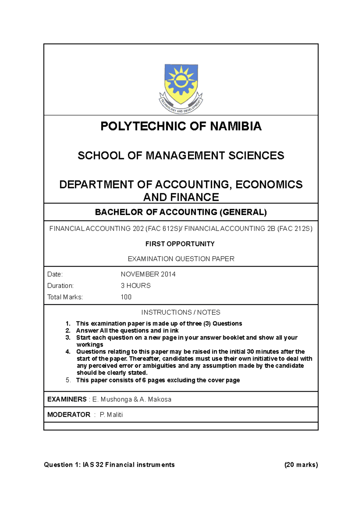 Exam 2014, questions - POLYTECHNIC OF NAMIBIA SCHOOL OF MANAGEMENT ...
