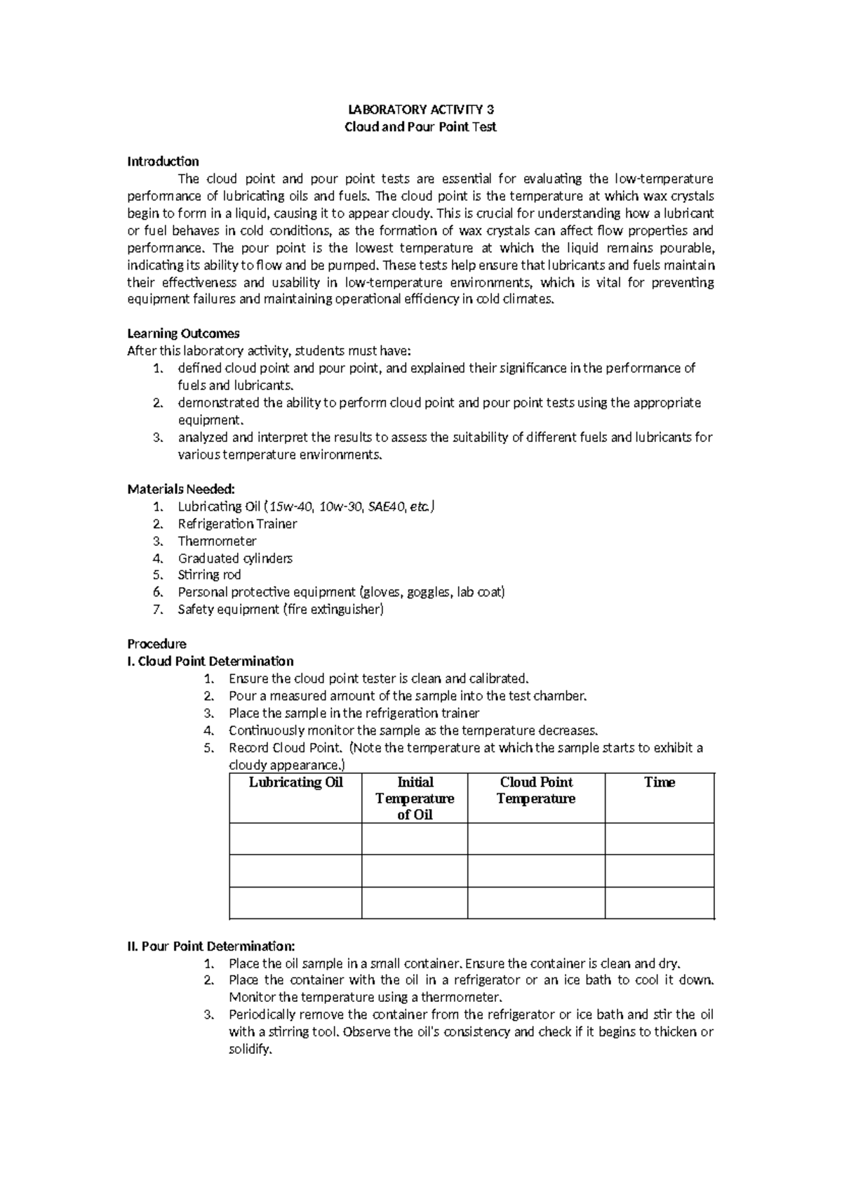 Activity-3 - ...... - LABORATORY ACTIVITY 3 Cloud and Pour Point Test ...
