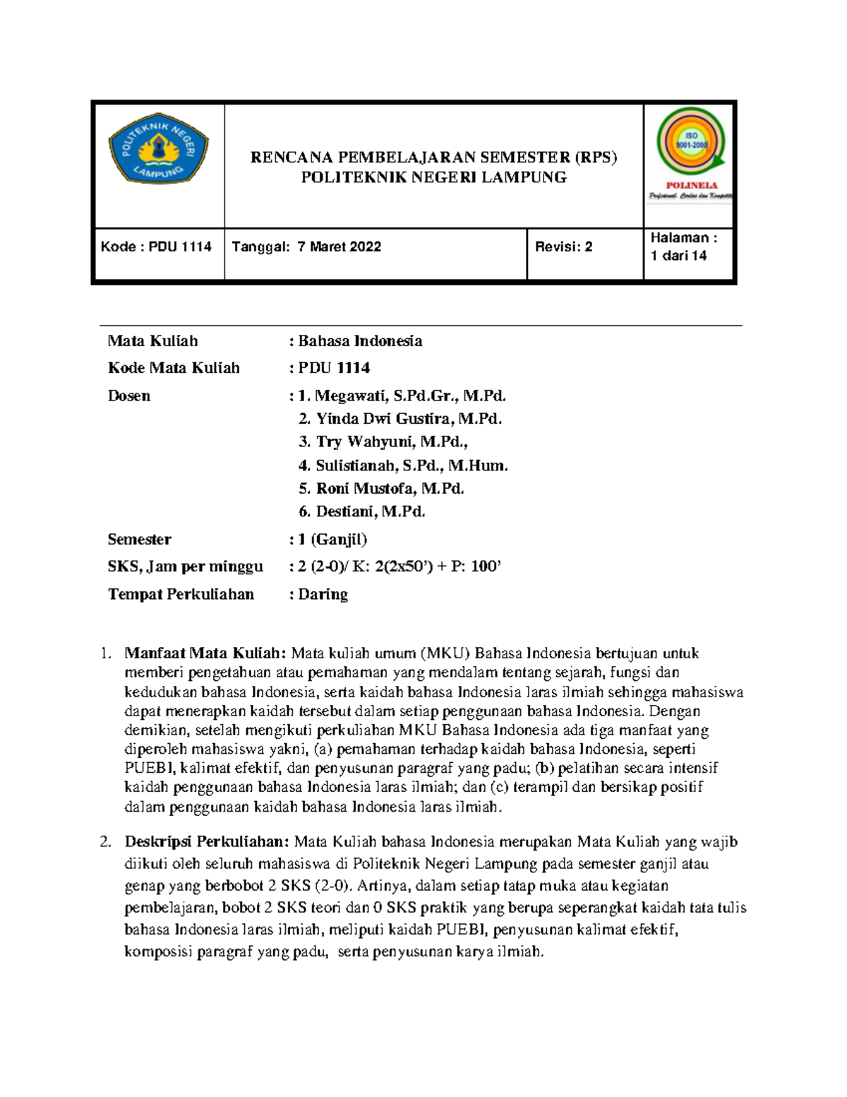 RPS FIX ( Semester Genap TA 2021-2022) - RENCANA PEMBELAJARAN SEMESTER (RPS) POLITEKNIK NEGERI ...