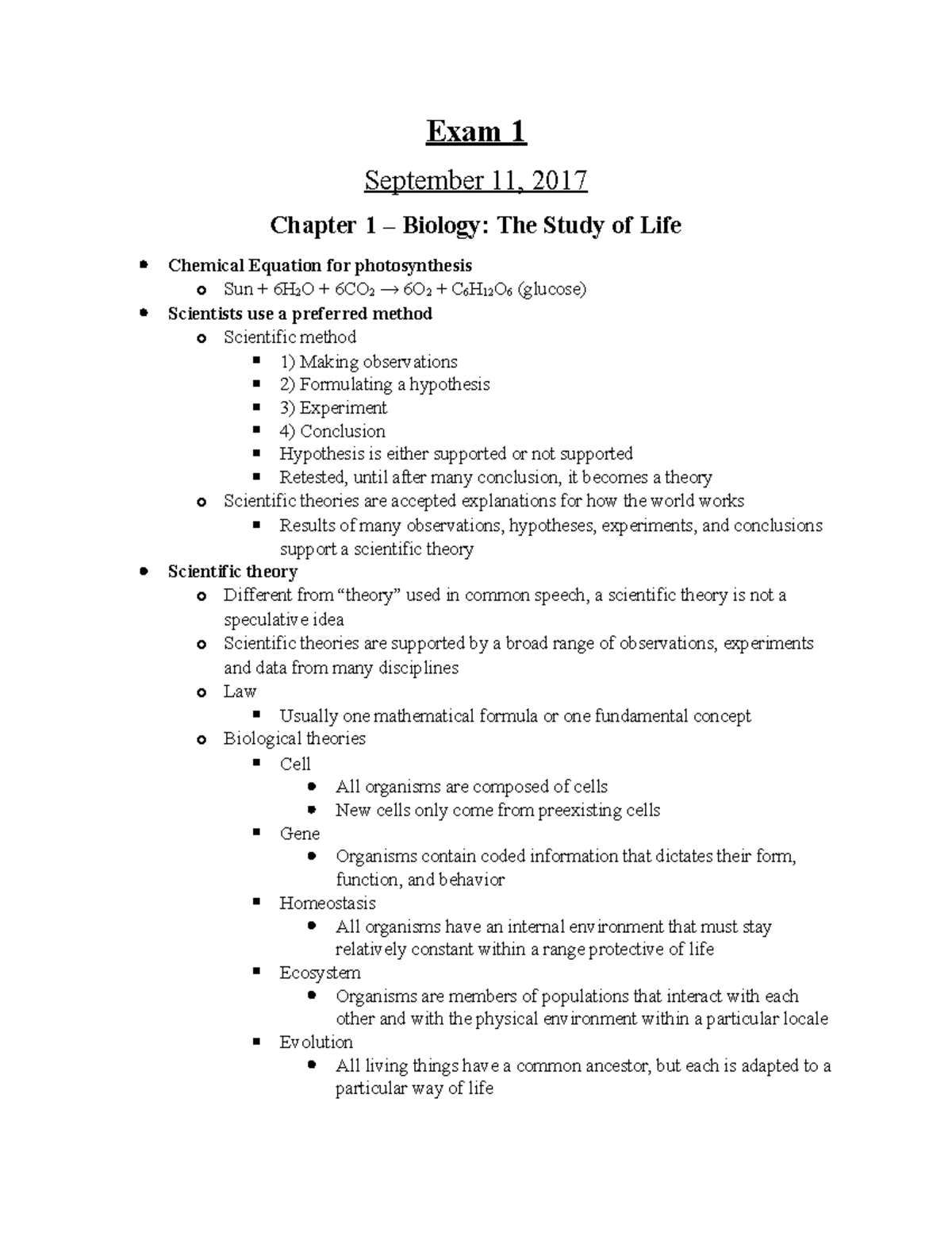 Exam 1 Notes - Chapters 1-4 - Exam 1 September 11, 2017 Chapter 1 ...