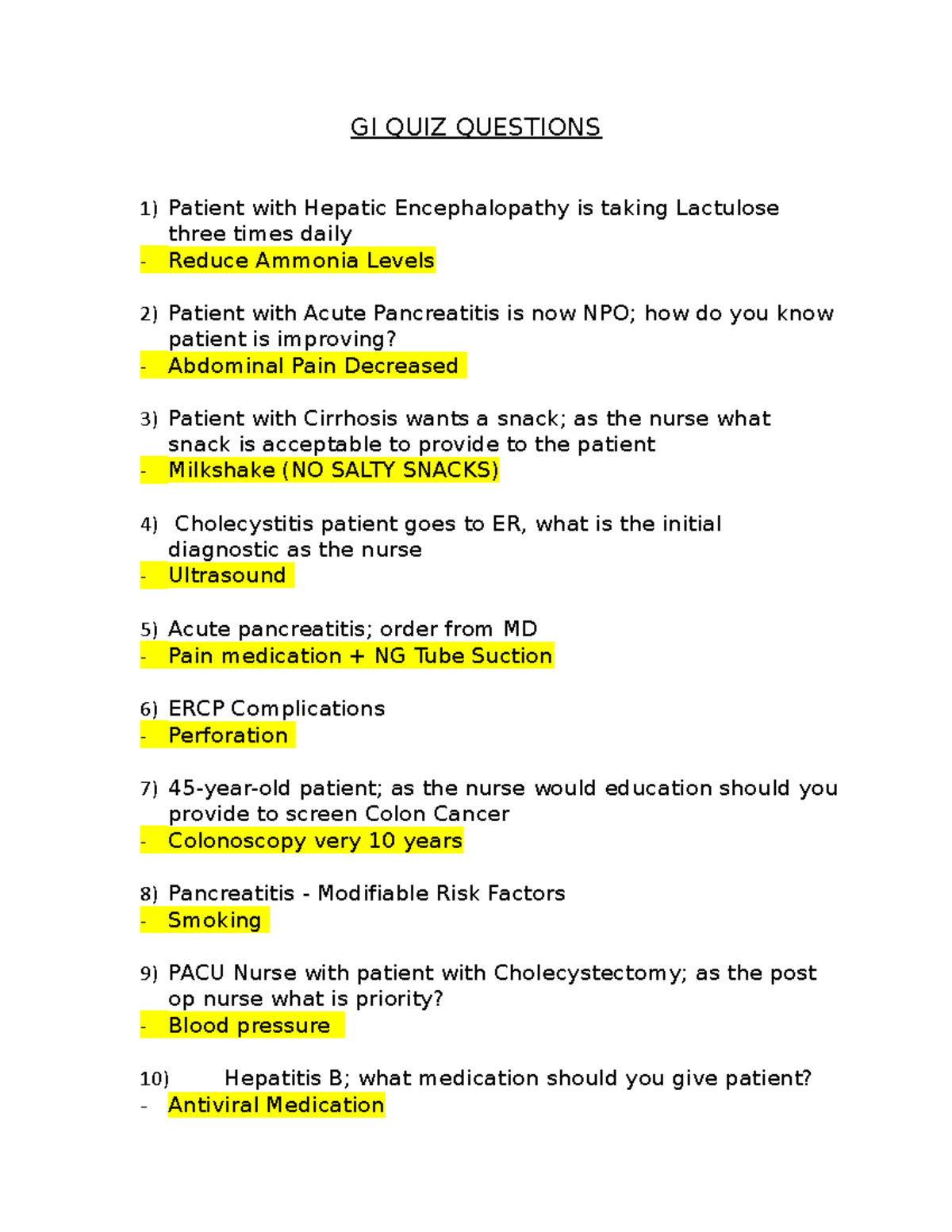 GI QUIZ Questions - M/A - GI QUIZ QUESTIONS Patient with Hepatic ...