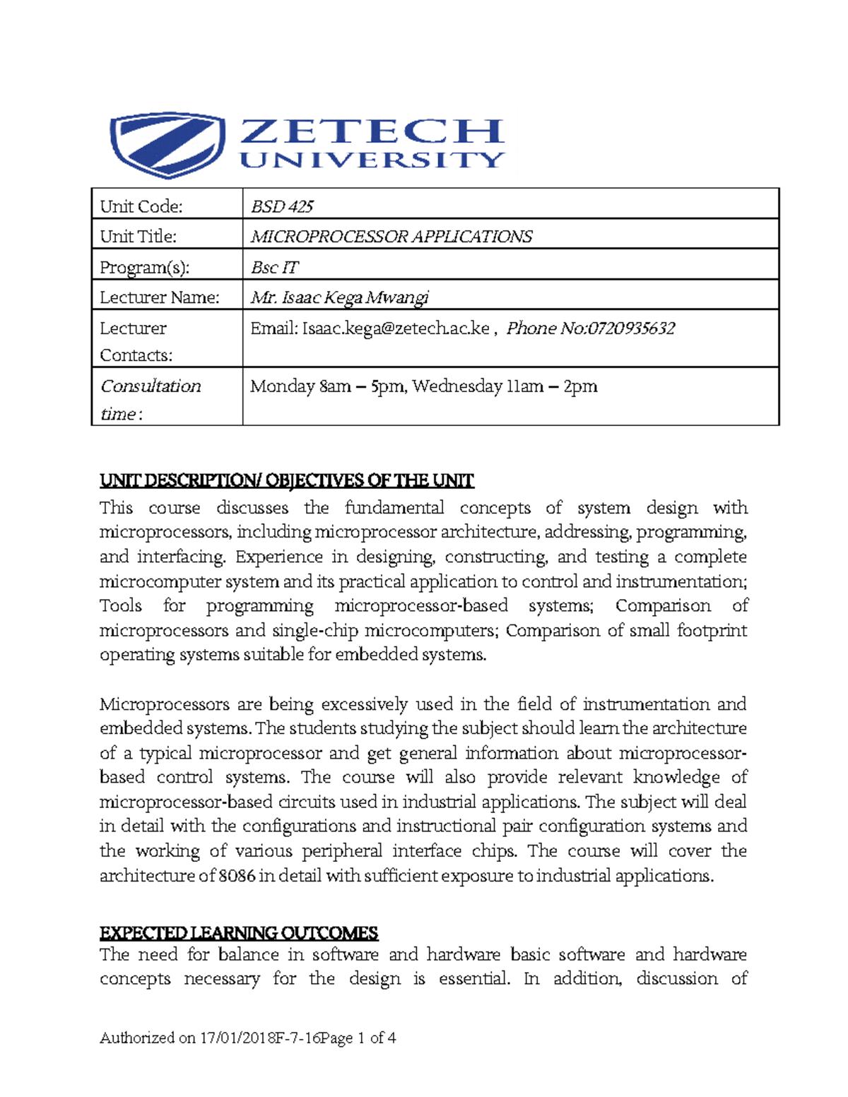 BSD425 Microprocessor Applications Course Outline - Unit Code: BSD 425 ...