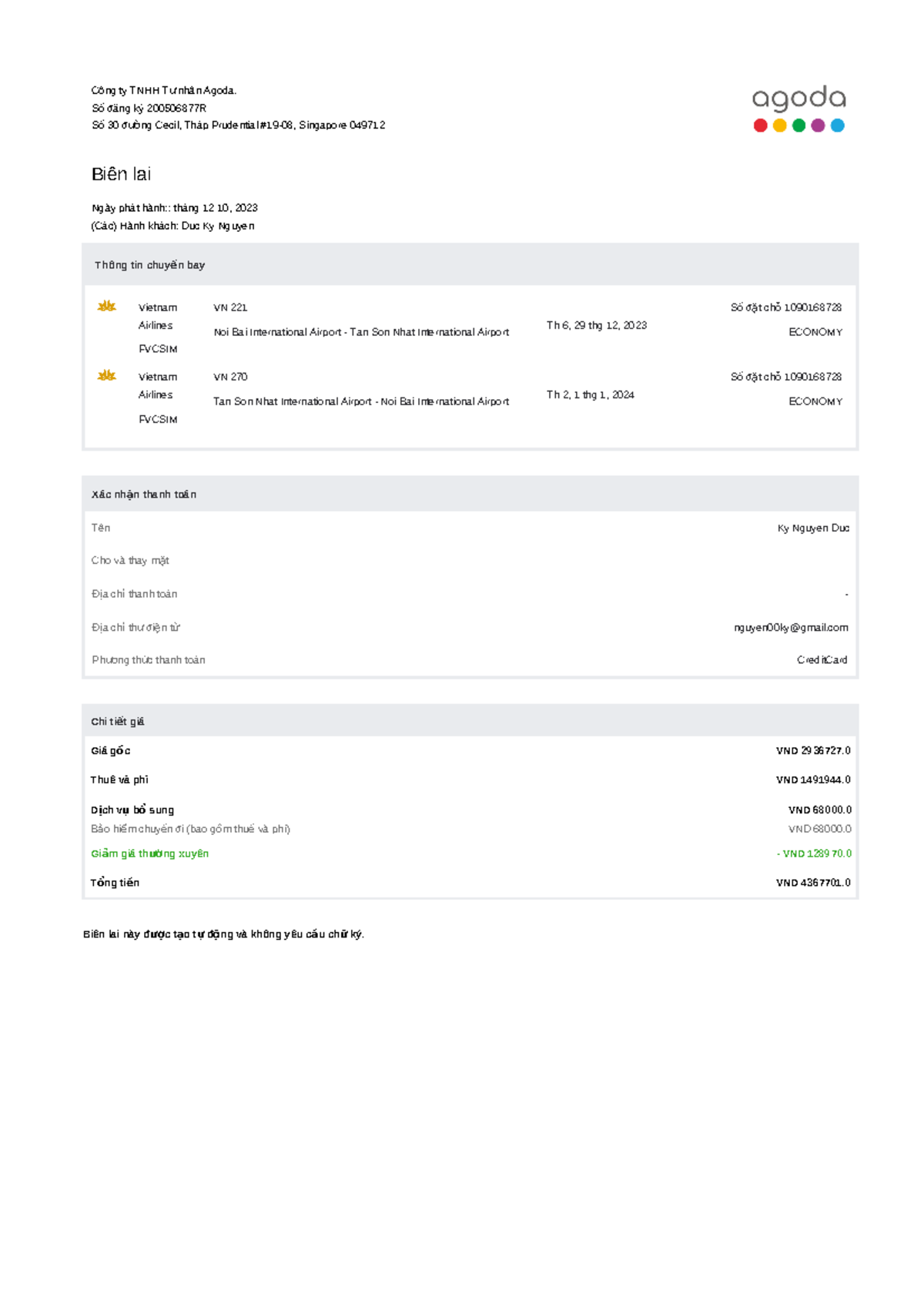 Agoda Receipt enclosed - Công ty TNHH Tư nhân Agoda. Số đăng ký ...