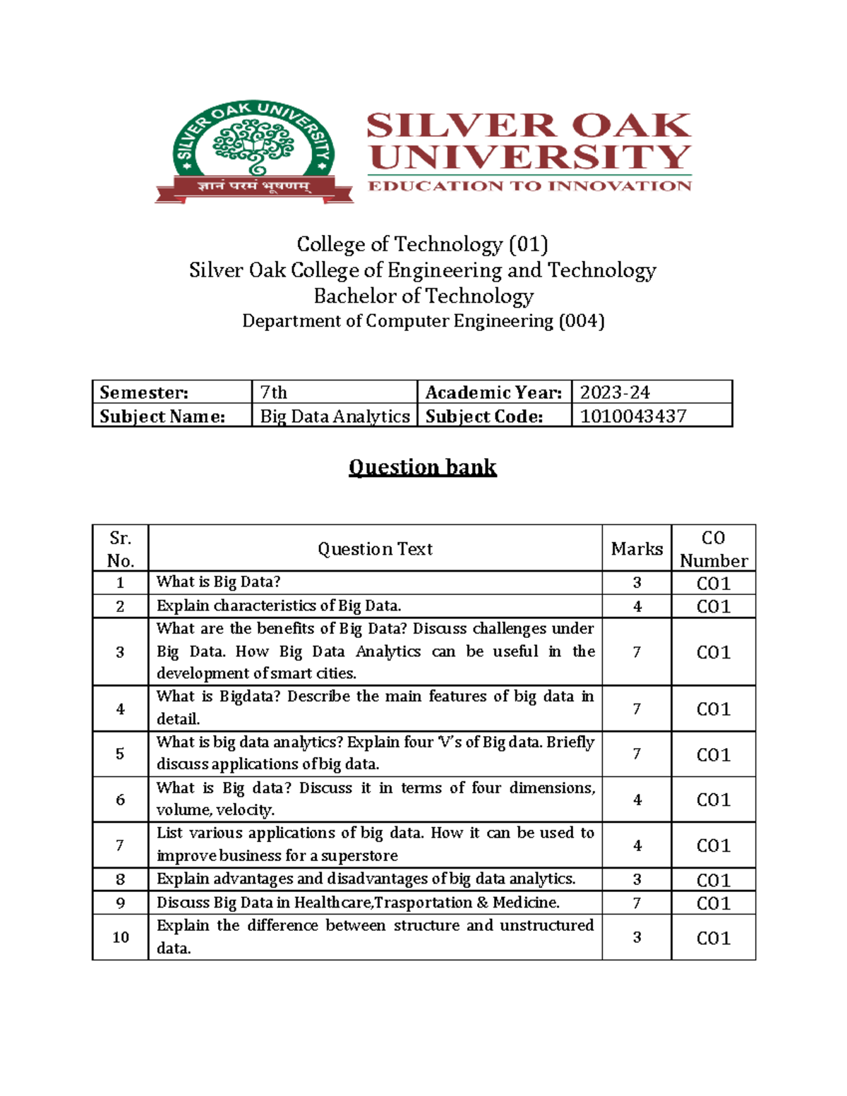 Question bank - College of Technology (01) Silver Oak College of ...
