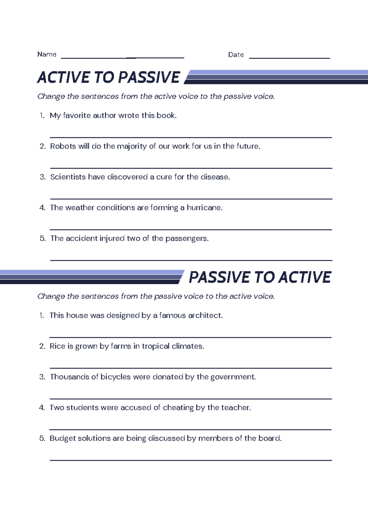 Active To Passive Voice Worksheet in Modern Blue Striped Style - Name ...