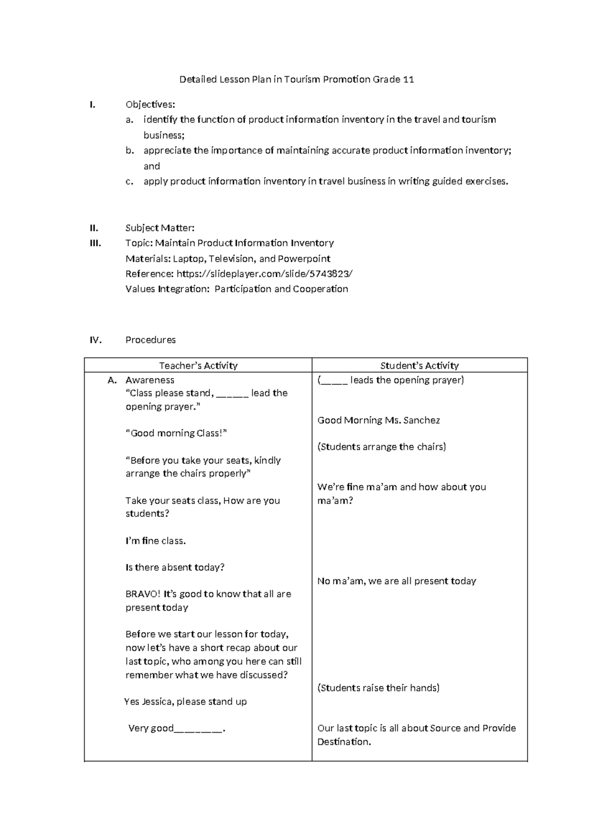 Detailed Lesson Plan in Tourism Promotion Grade 11 - Objectives: a ...