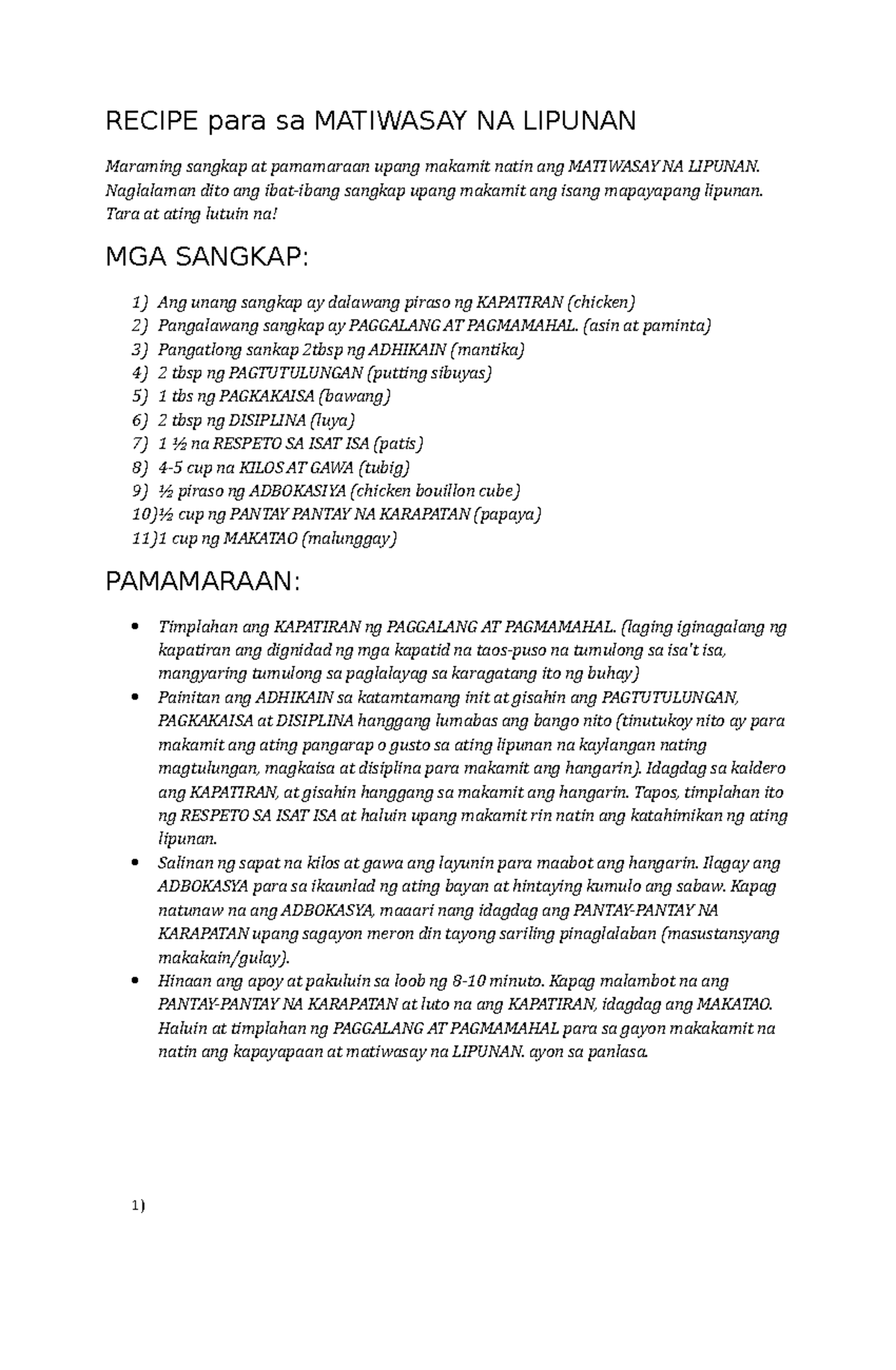 Group 3 ( Matiwasay NA Lipunan) - RECIPE para sa MATIWASAY NA LIPUNAN ...