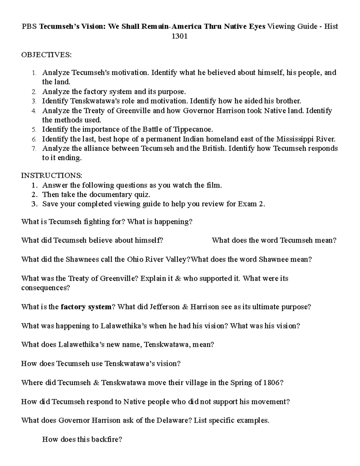 Viewing Guide Tecumseh - PBS Tecumseh’s Vision: We Shall Remain-America ...