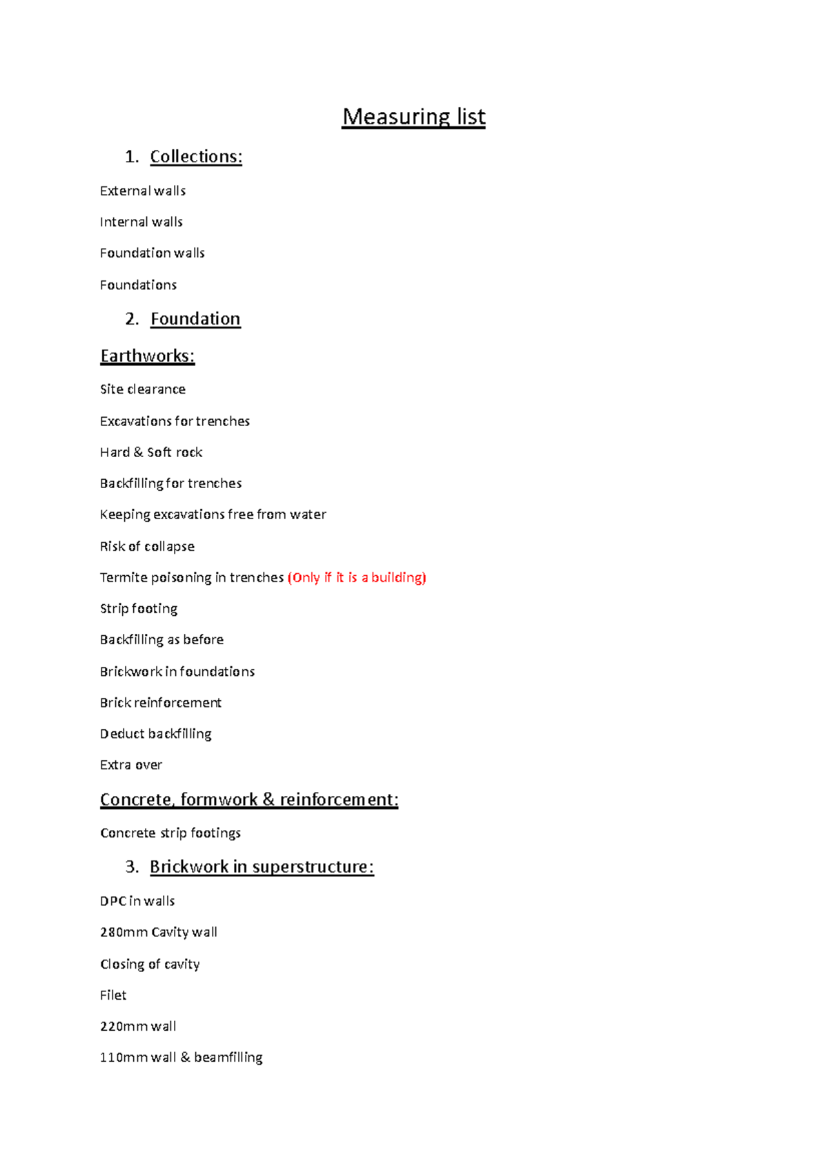 Measuring list - Collections: External walls Internal walls Foundation ...