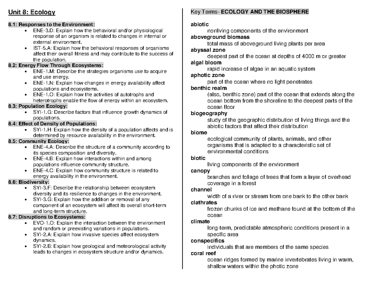 Ecology and the Biosphere: Responses Energy Flow Population Dynamics ...