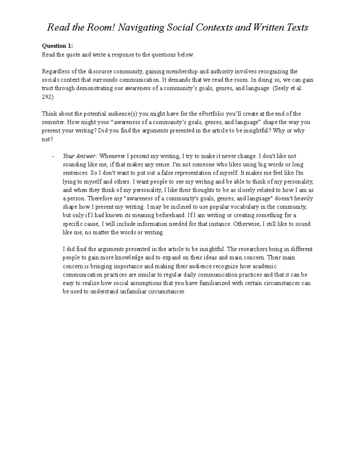 Read the Room Navigating Social Contexts and Written Texts Quiz - Read ...