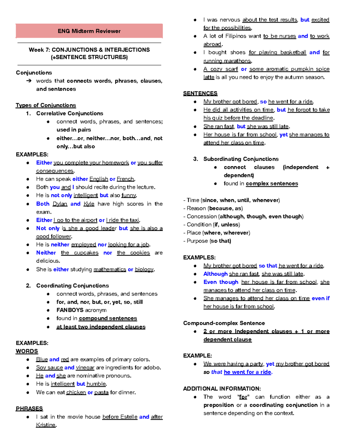 ENG Midterm Reviewer - Summary College English - ENG Midterm Reviewer Week 7: CONJUNCTIONS ...