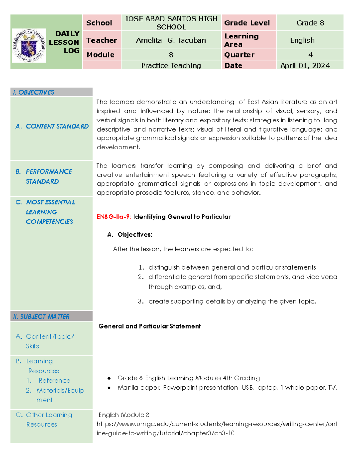 General to particular - Lesson plan for grade 8 - I. OBJECTIVES A ...